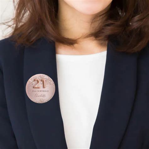 21st Birthday Rose Gold Blush Glitter Name Tag Button Zazzle