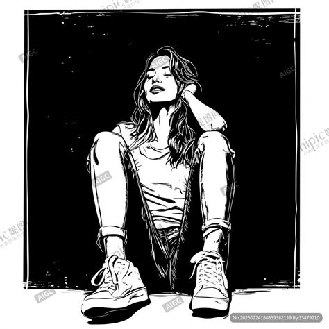 Ai创作图酷女孩插画 潮牌女孩 简约粗狂线条人物插画 滑板鞋女孩插画 人物情绪插画 街舞女孩插画 高级感女插画 黑酷插画 潮流插画美女人物插画 坐姿人物插画 Ins插画 人物手绘插画 手绘人物