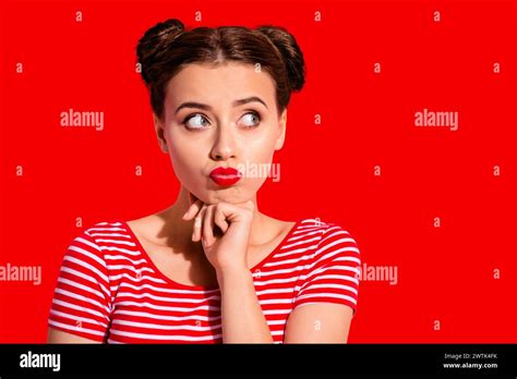 Close Up Photo Beautiful She Her Lady Pretty Two Buns Pomade Lips Hold Hand Arm Chin Look Up