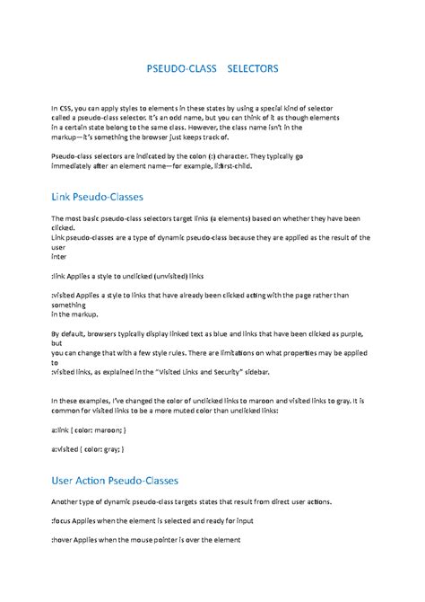 Pseudo Class Selectors Pseudo Class Selectors In Css You Can Apply Styles To Elements In