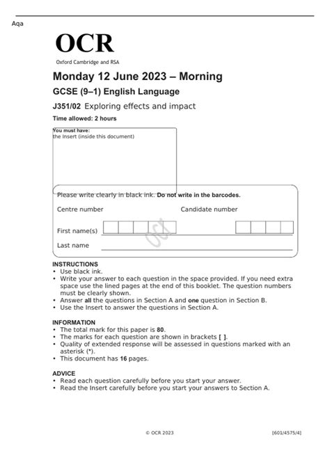 OCR GCSE (9–1) English Language PAPER 1 and 2 JUNE 2023 QUESTION PAPERS AND MARK SCHEMES - Stuvia US
