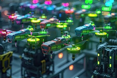 Techsavvy Industrial Factory With Colorful Drones Enhancing Efficiency Premium Ai Generated Image