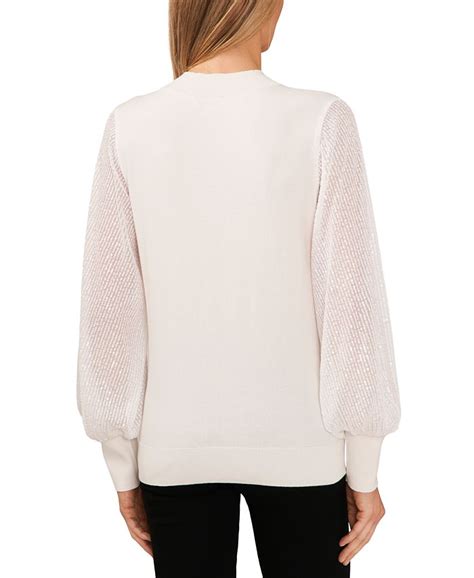 Cece Womens Sheer Sequin Sleeve Mock Neck Cotton Sweater Macys