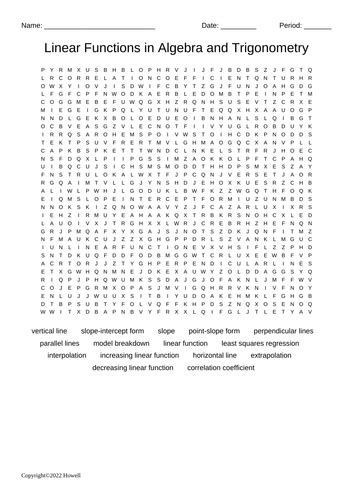 Linear Functions In Algebra And Trigonometry Vocabulary Word Search