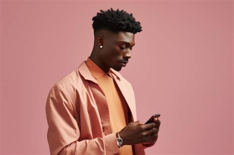 Premium Photo A Man In An Orange Shirt Looking At His Cell Phone This