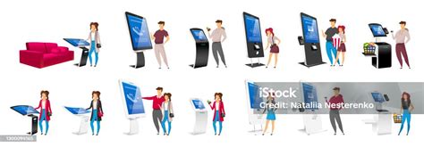 셀프 오더 키오스크 플랫 컬러 벡터 얼굴 없는 문자 세트를 사용하는 사람 대화 형 기계 사용자는 흰색 배경에 만화 일러스트를 격리 전자 식 에키먼트 및 터치 스크린 카운터