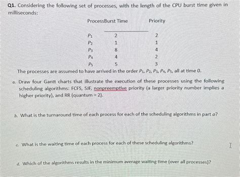 Solved Q1 Considering The Following Set Of Processes With