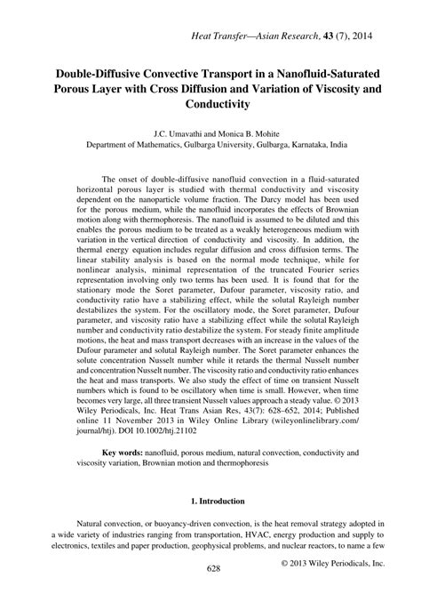 Pdf Double Diffusive Convective Transport In A Nanofluid Saturated Porous Layer With Cross