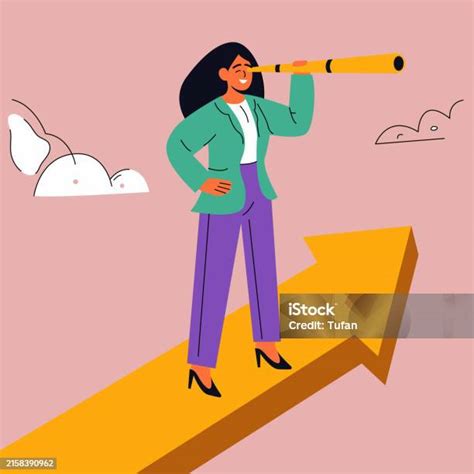 Visionary 비즈니스 통찰력 벡터 일러스트 레이 션과 여성 리더 미래의 기회를 볼 수 있도록 망원경으로 상승 화살에 서있는 성공적인 여성 사업가 전진 방향에 대한 스톡