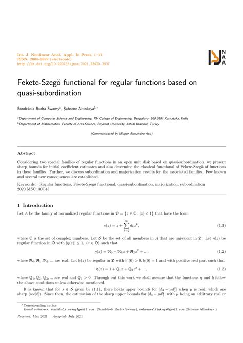 Pdf Fekete Szegö Functional For Regular Functions Based On Quasi