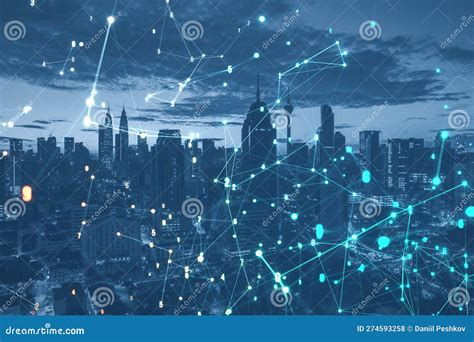 Glowing Polygonal Coding Mesh On City Backdrop Technology And Pattern Concept Double Exposure