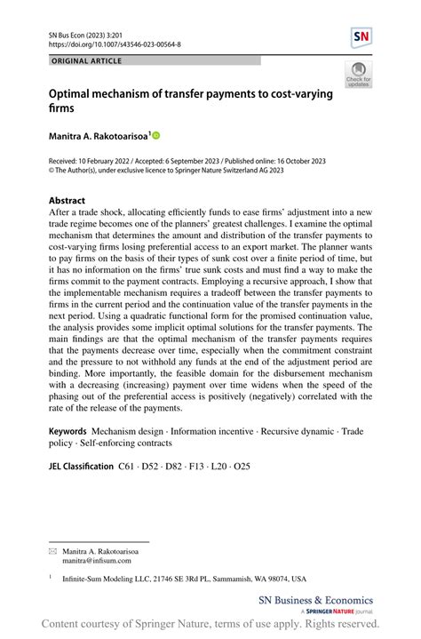 Optimal Mechanism Of Transfer Payments To Cost Varying Firms Request PDF