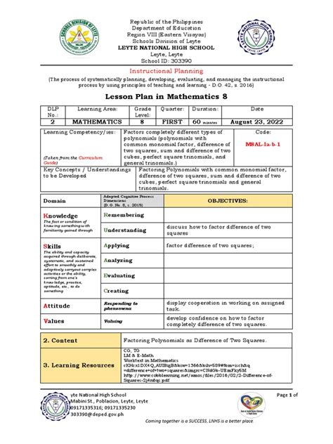 Filipino 8 Lesson Plan M8al Ia B 1 Pdf Factorization Learning