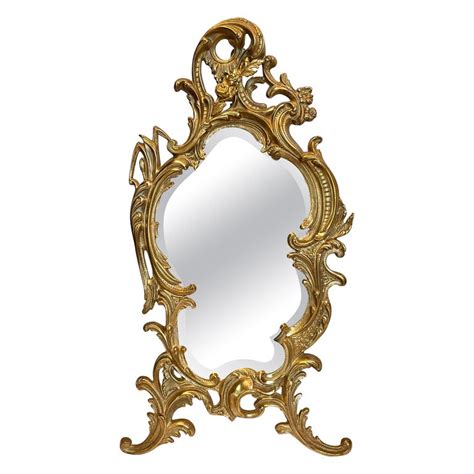 Antique French Gold Bronze Tabletop Vanity Mirror With Beveling Circa