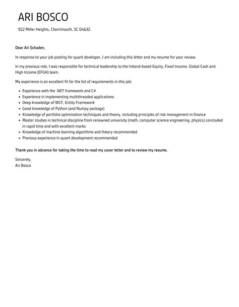 Quant Developer Cover Letter Velvet Jobs