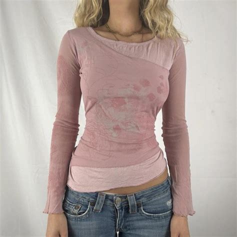 Vintage Pink Long Sleeve Mesh Top Brand Depop