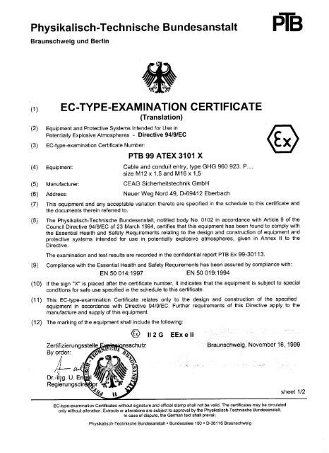 Ec Type Examination Certificate Ptb 99 Atex 3101 X Jacob Gmbh