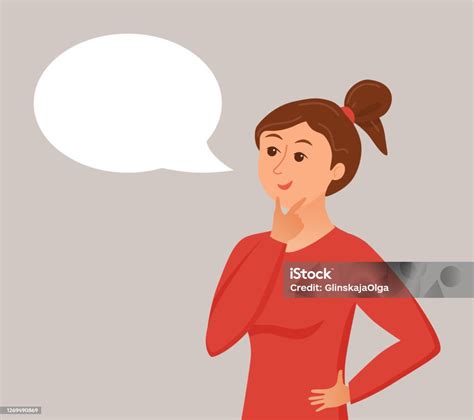연설 거품을 가진 여자를 생각 벡터 일러스트 의 예쁜 얼굴 어린 소녀 대화 풍선 문자 기호에 대한 스톡 벡터 아트 및 기타