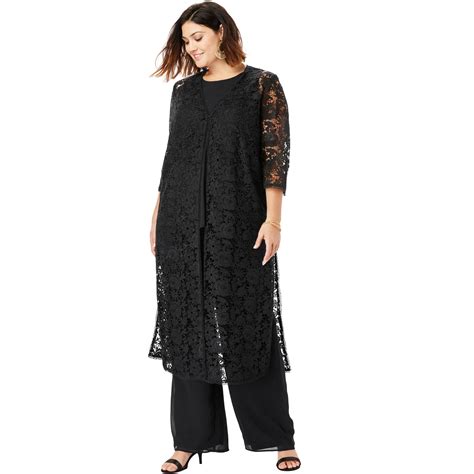 Plus Size Womens Three Piece Lace Duster And Pant Suit By Roamans In