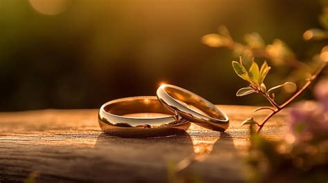 Dos Anillos De Bodas De Oro Se Sientan En Una Superficie De Madera Con