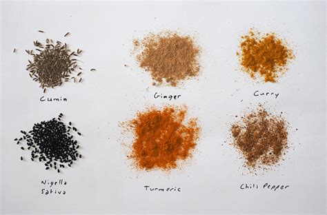 생강 카레 강 황 칠리 페 퍼 블랙 커 민 Nigella Sativa로 구나를 포함 한 많은 향신료 0명에 대한 스톡 사진 및