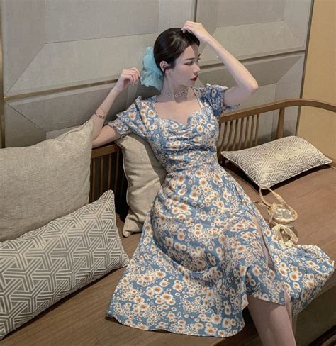 Puff Sleeve Flower Pattern Split Sexy Dress Tomscloth