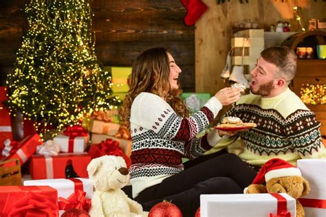 Having Fun Couple In Love Having Fun At Home Celebrate Xmas Party