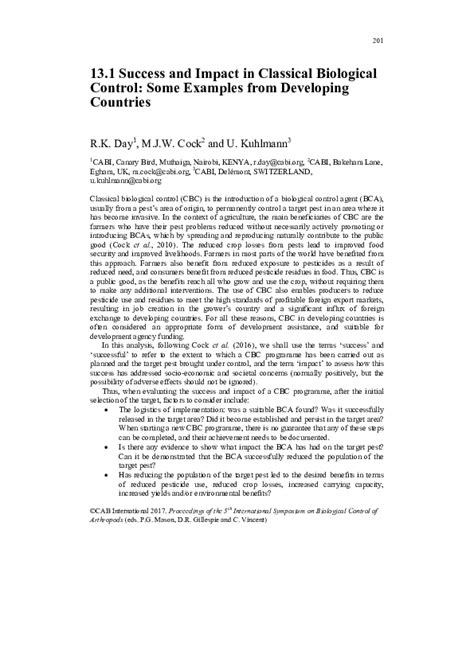Pdf Success And Impact In Classical Biological Control Some Examples