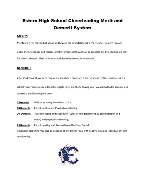 Fillable Online Estero High School Cheerleading Merit And Demerit