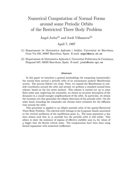 PDF Numerical Computation Of Normal Forms Around Some Periodic Orbits Of The Restricted Three