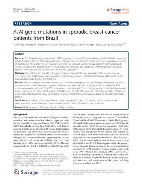 Pdf Atm Gene Mutations In Sporadic Breast Cancer Patients From Brazil