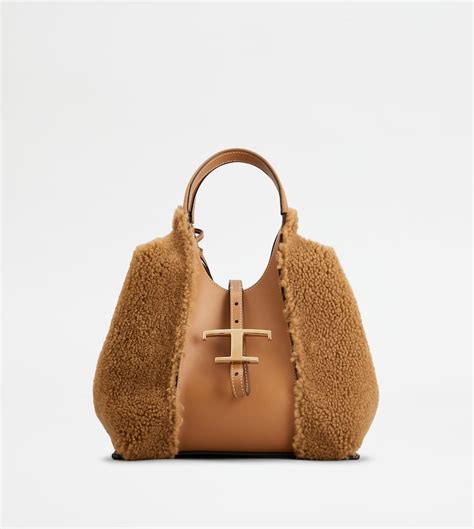 Woman Brown T Timeless Shopping Bag In Leather And Sheepskin Mini