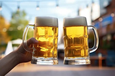 Premium Photo Closeup Of Beer Glasses Clinking At Outdoor Bar
