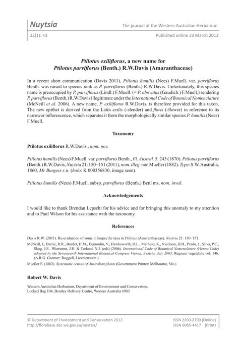 Pdf Ptilotus Exiliflorus A New Name For Ptilotus Parviflorus Benth