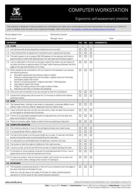 Computer Workstation Ergonomic Self Assessment Checklist Safety