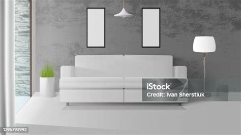 현대적인 로프트 스타일의 인테리어 콘크리트 벽이 있는 객실입니다 흰색 소파 흰색 램프 그늘 잔디 냄비 바닥 램프 벡터 일러스트레이션 0명에 대한 스톡 벡터 아트 및 기타