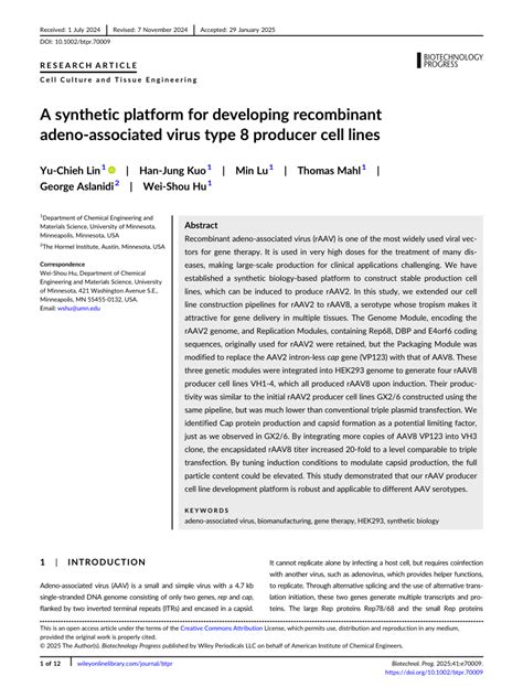 Pdf A Synthetic Platform For Developing Recombinant Adeno‐associated Virus Type 8 Producer