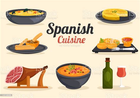 스페인 음식 요리 메뉴 평면 만화 손으로 그린 템플릿 그림에 다양한 전통 요리 레시피가 있는 레스토랑 스페인에 대한 스톡 벡터