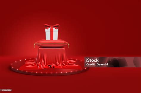 빨간 쿠션에 빨간 리본과 빨간 배경에 빨간 천으로 덮여 받침대흰색 선물 상자의 3d 렌더링 3차원 형태에 대한 스톡 사진 및 기타 이미지 3차원 형태 공란 공휴일