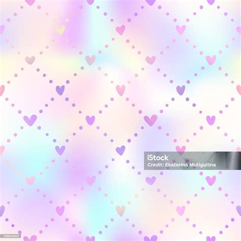 귀여운 홀로그램 심장 완벽 한 패턴입니다 벡터 손으로 그린 사랑 마음과 대각선 점선 무지개 그라디언트 배경에 마름모 질감 발렌타인 데이 벽지 유행 추상 인쇄 디자인 2월에