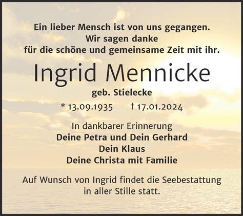 Traueranzeigen Von Ingrid Mennicke Abschied Nehmen De