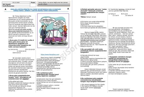 Sınıf Türkçe Dönem Yazılı Sınav Soruları HangiSoru