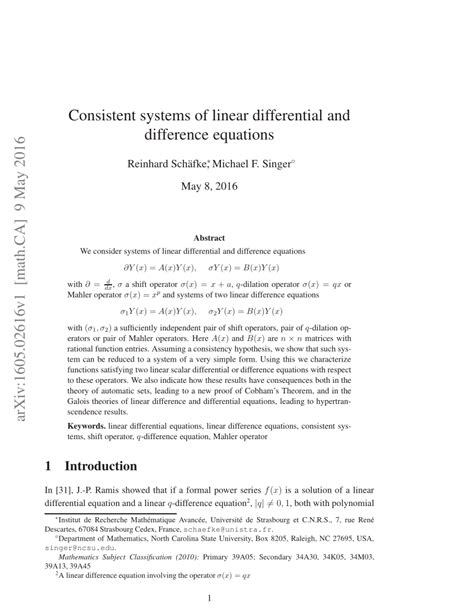 Pdf Consistent Systems Of Linear Differential And Difference Equations