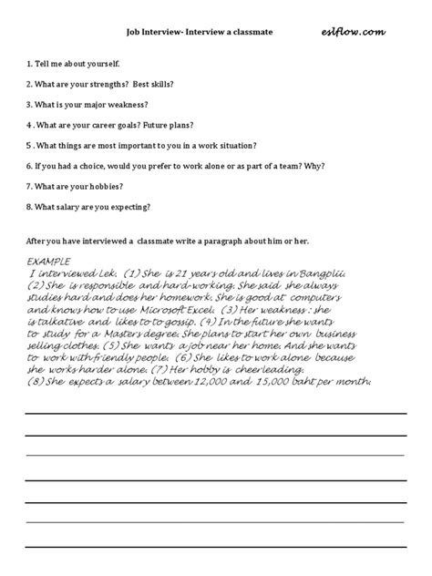 Job Interview Writing Exercise Worksheet Pdf
