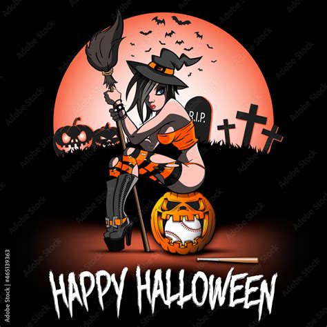 Happy Halloween Sexy Witch Sitting On A Pumpkin Inside Which Is A
