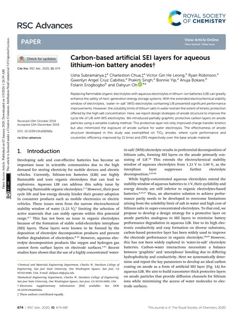 Pdf Carbon Based Artificial Sei Layers For Aqueous Lithium Ion Battery Anodes