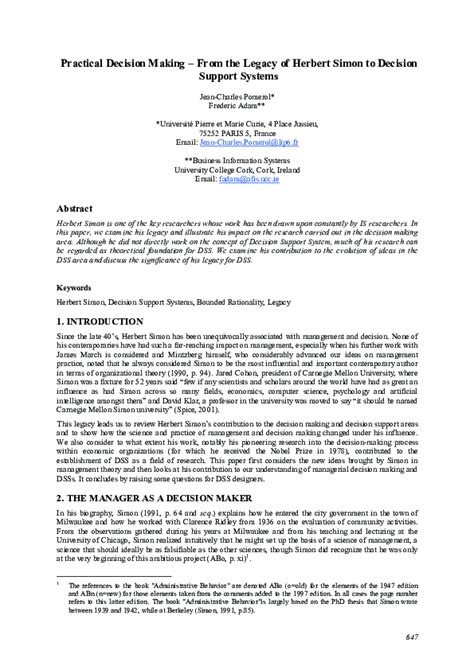 Pdf Practical Decision Making From The Legacy Of Herbert Simon To