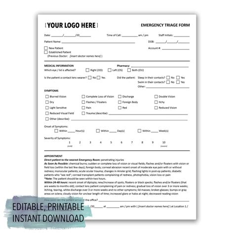 Emergency Triage Form Healthcare Optometry Ophthalmology Printable