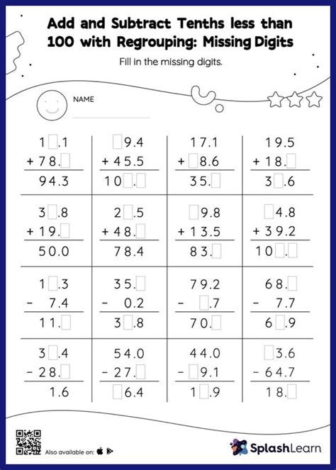 Add And Subtract Tenths Less Than 100 With Regrouping Missing Digits Math Worksheets