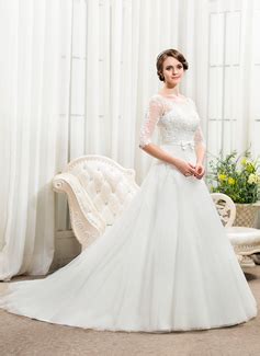 Ball Gown Princess Illusion Chapel Train Tulle Lace Wedding Dress With Beading Sequins Bow S